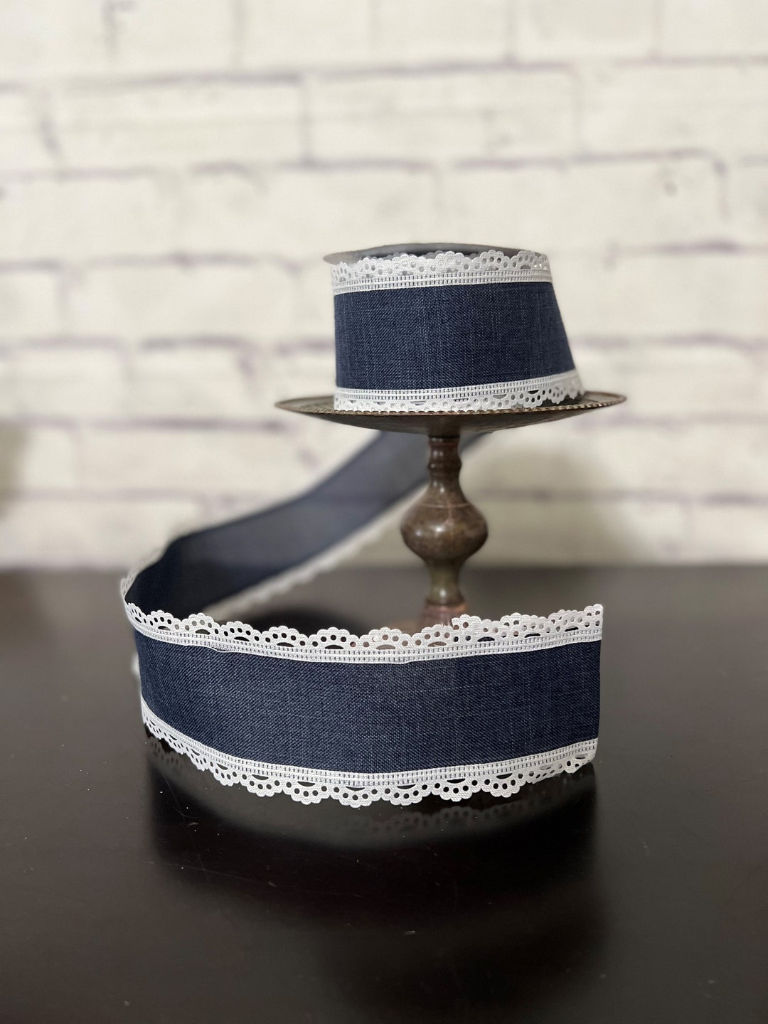 Blue Denim Ribbon, White Scalloped Lace Edge Royal Burlap, 2.5" Ribbon ...