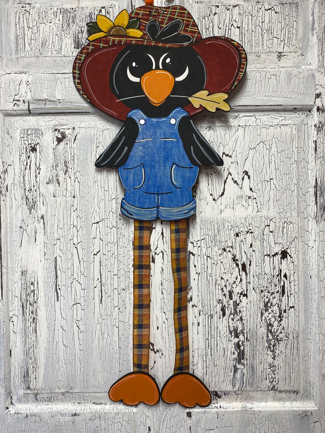 Crow Scarecrow Door Hanger Ribbon Legs, Fall Harvest Decor, Sunflower ...