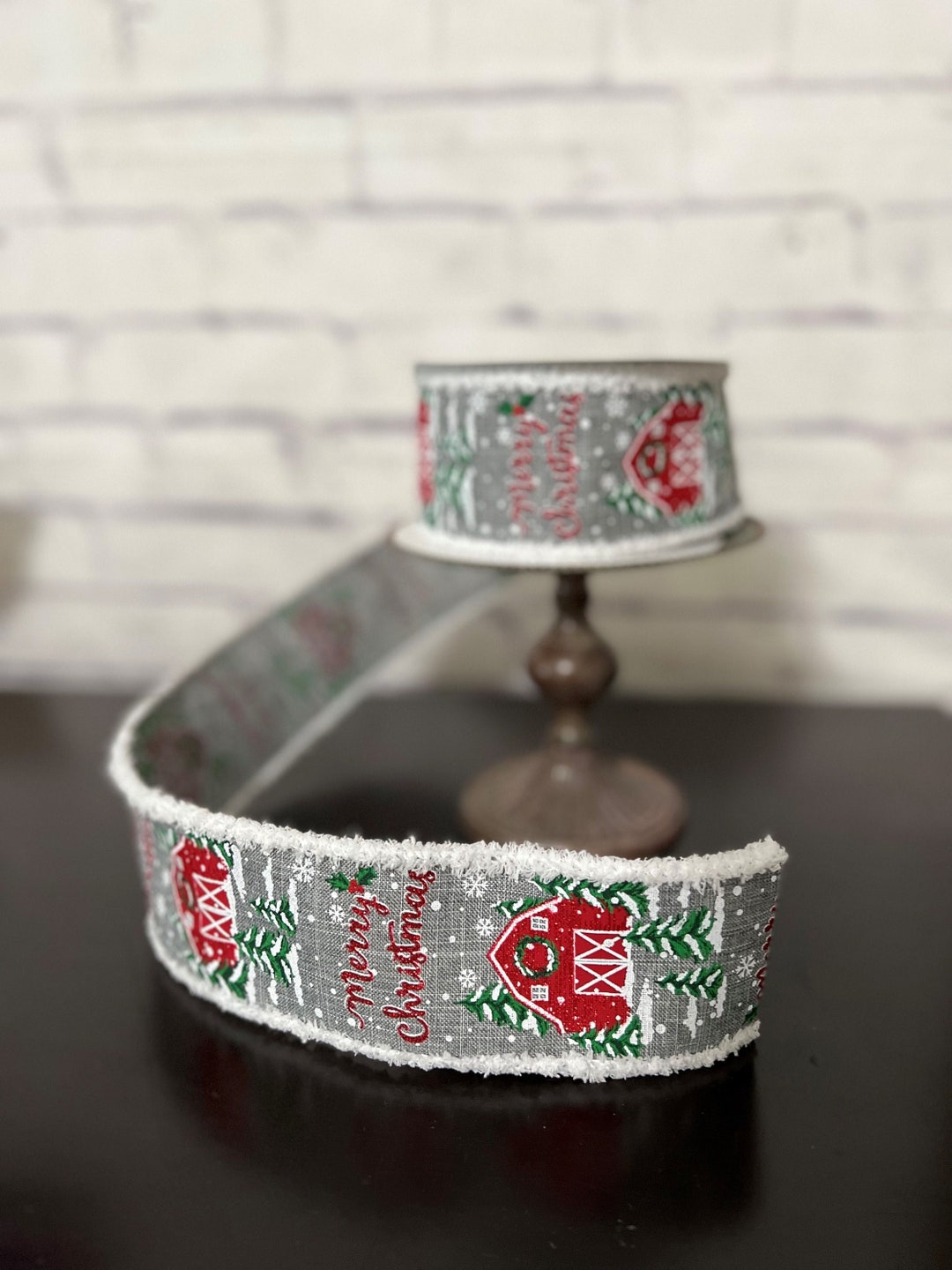 Christmas Barn Fuzzy Edge Ribbon, Winter Red Sparkly Barn, Gray Ribbon ...