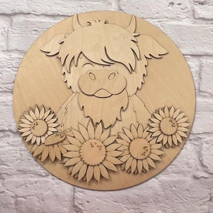 Highland Cow Fall Sunflowers Door Hanger Blank, Fall Farm Animal Vibes ...