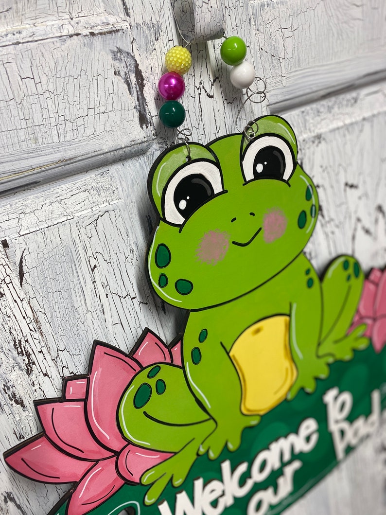 Welcome to Our Pad Frog on Lily Pad Door Hanger, Summer Porch Decor ...