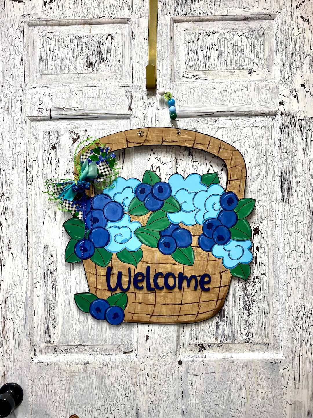 Blueberry Basket Hand Painted Wooden Door Hanger, Fruit Theme Door ...