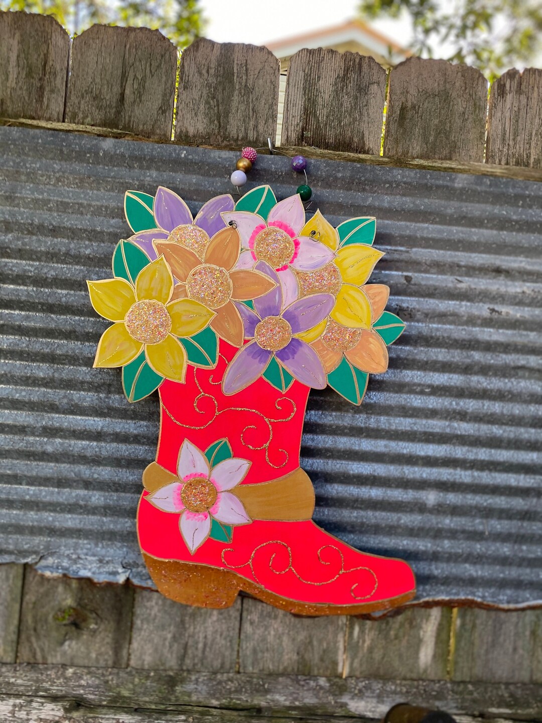 Neon Pink Cowboy Boot Door Hanger With Metallic Gold Details, 21 Inch ...