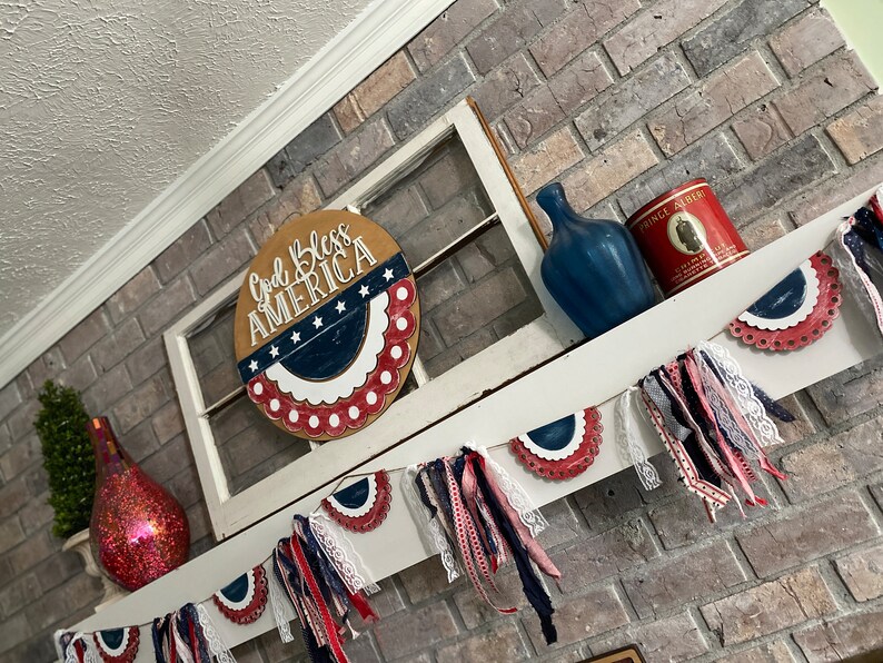 Patriotic Bunting Wooden Door Hanger, God Bless America Wall Hanging ...