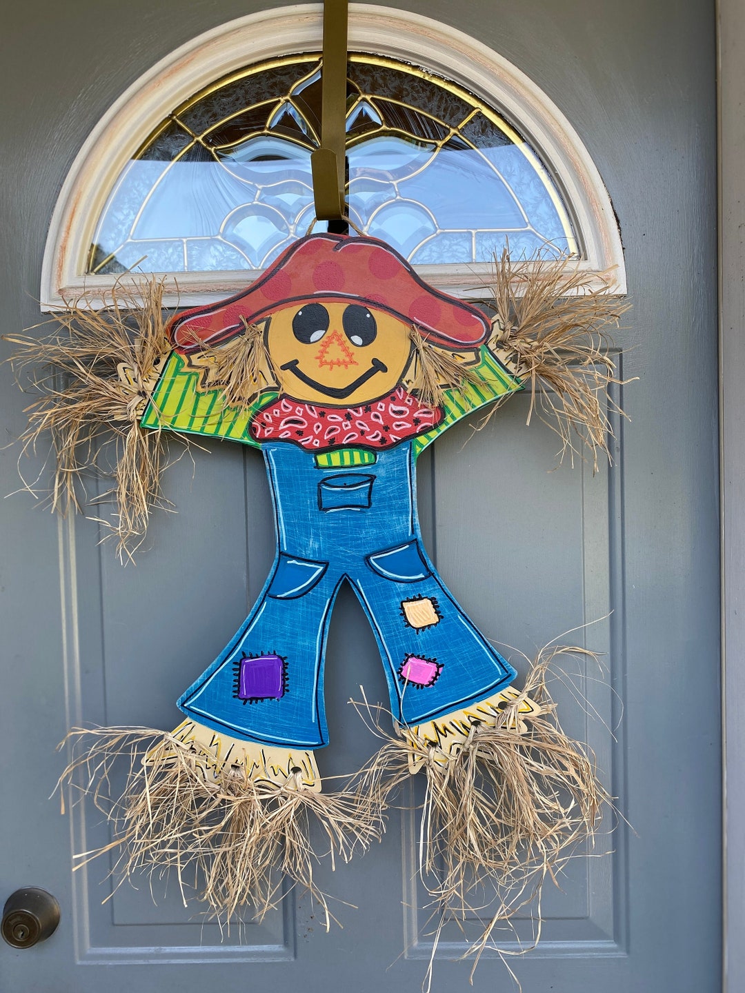 Scarecrow Door Hanger, Autumn Door Hanger, Fall Scarecrow With Raffia ...