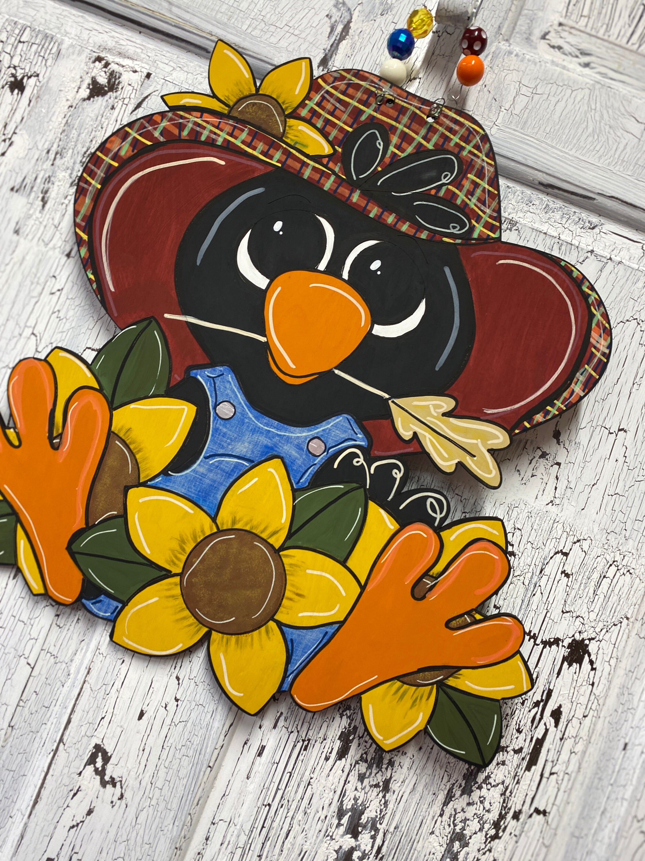 Crow Scarecrow Door Hanger Ribbon Legs, Fall Harvest Decor, Sunflower ...