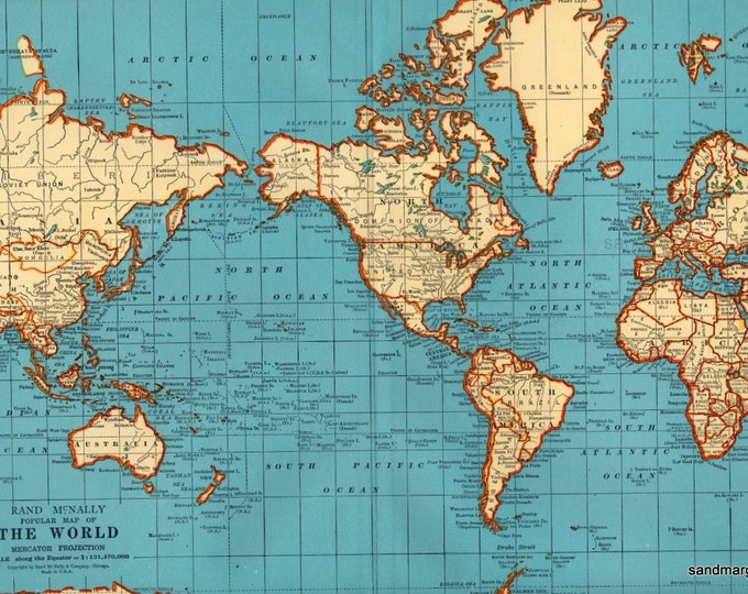 1947 Popular Map of the World Mercator Projection Rand Mcnally - Etsy