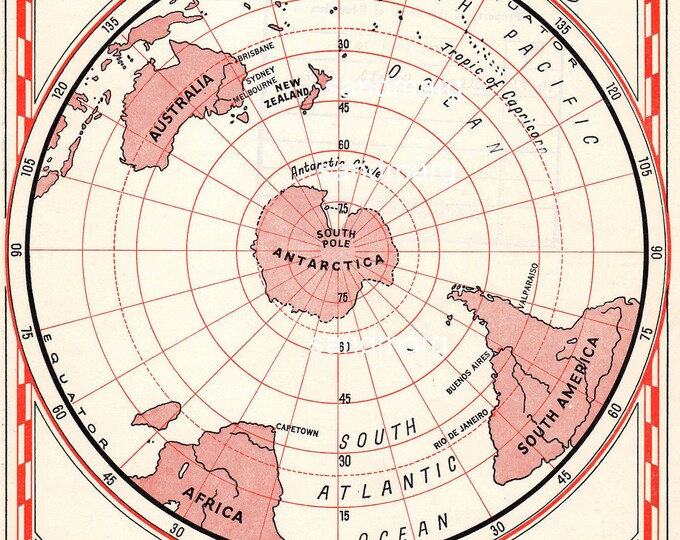Vintage Polar Projection Map of the Southern Hemisphere South Pole ...