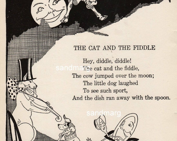 Vintage Hey Diddle Diddle the Cat and the Fiddle Nursery Rhyme Black ...