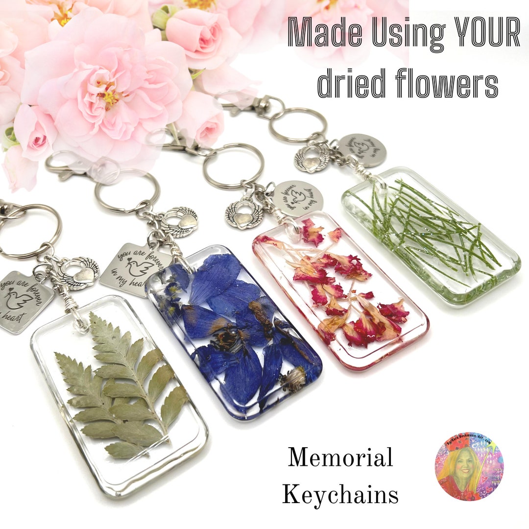 Memorial Flower Resin Keychain: Funeral Keepsake With Angel Wing Charm ...
