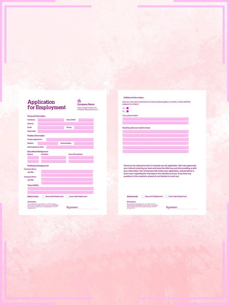 Editable Pink Job Application, Employee Application Form, Includes Now ...