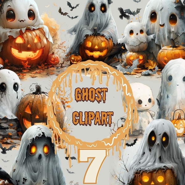 Spooky Ghost Clipart, Glowing Eyes, Pumpkin, Bats, Halloween Art PNG ...