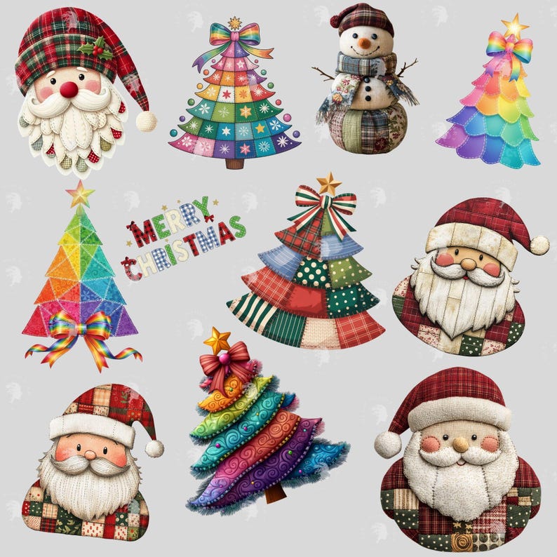 Patchwork Christmas Clipart, 11 PNG, Santa, Snowman (digital Download ...