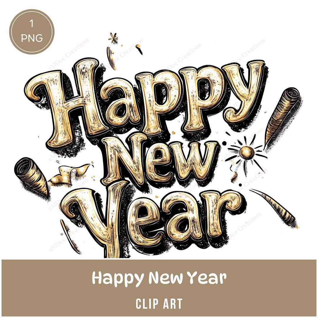Happy New Year Clipart: Black & Gold PNG, Scrapbooking (digital ...