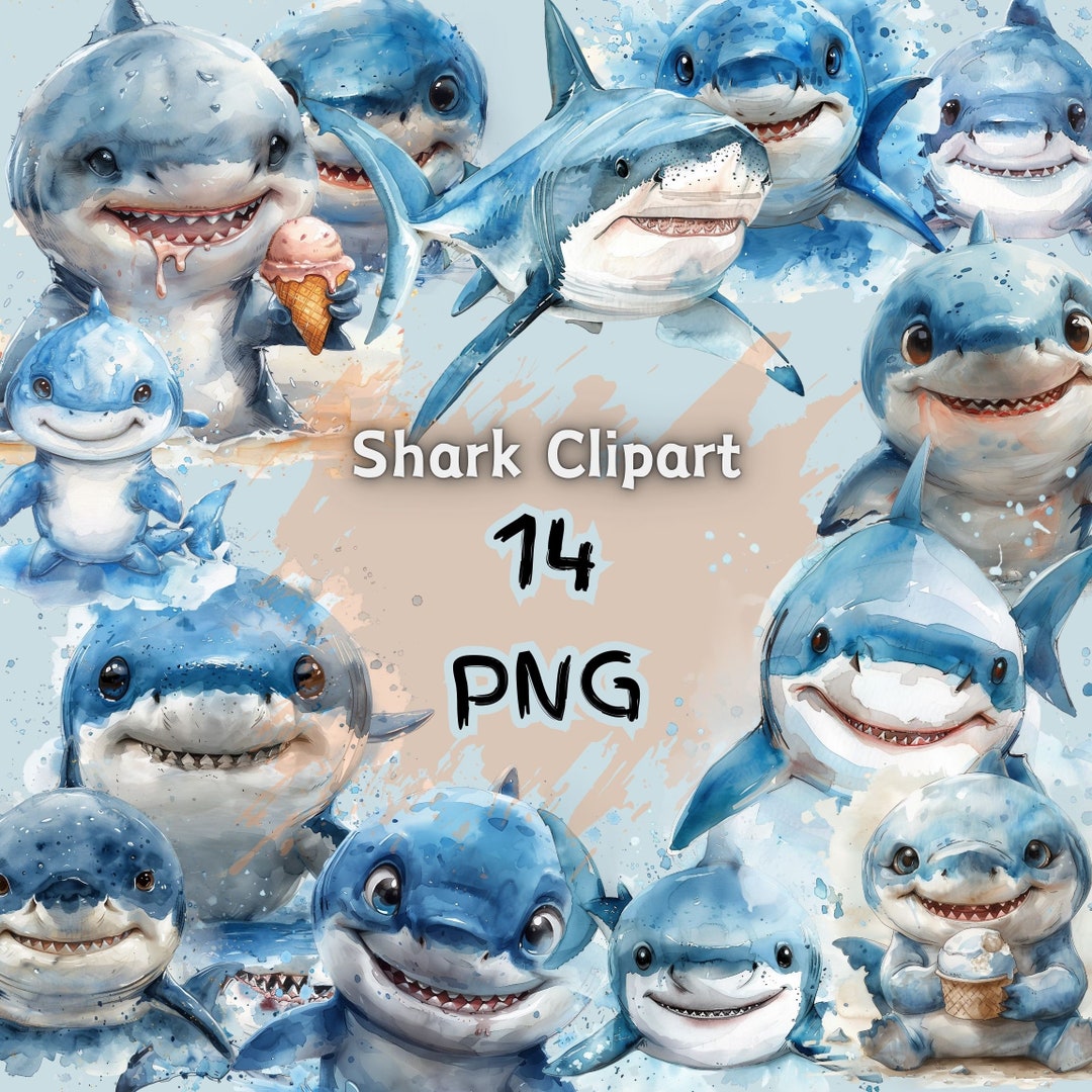 Watercolor Shark Clipart Bundle 14 PNG, Ocean Sea Animals Graphics ...