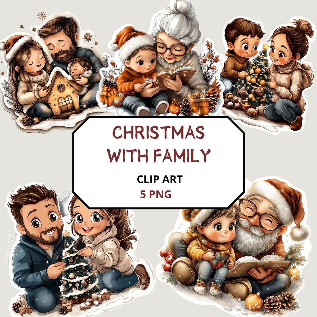 Christmas With Family Clipart, 5 PNG Graphics, Grandma, Grandpa, Mama ...