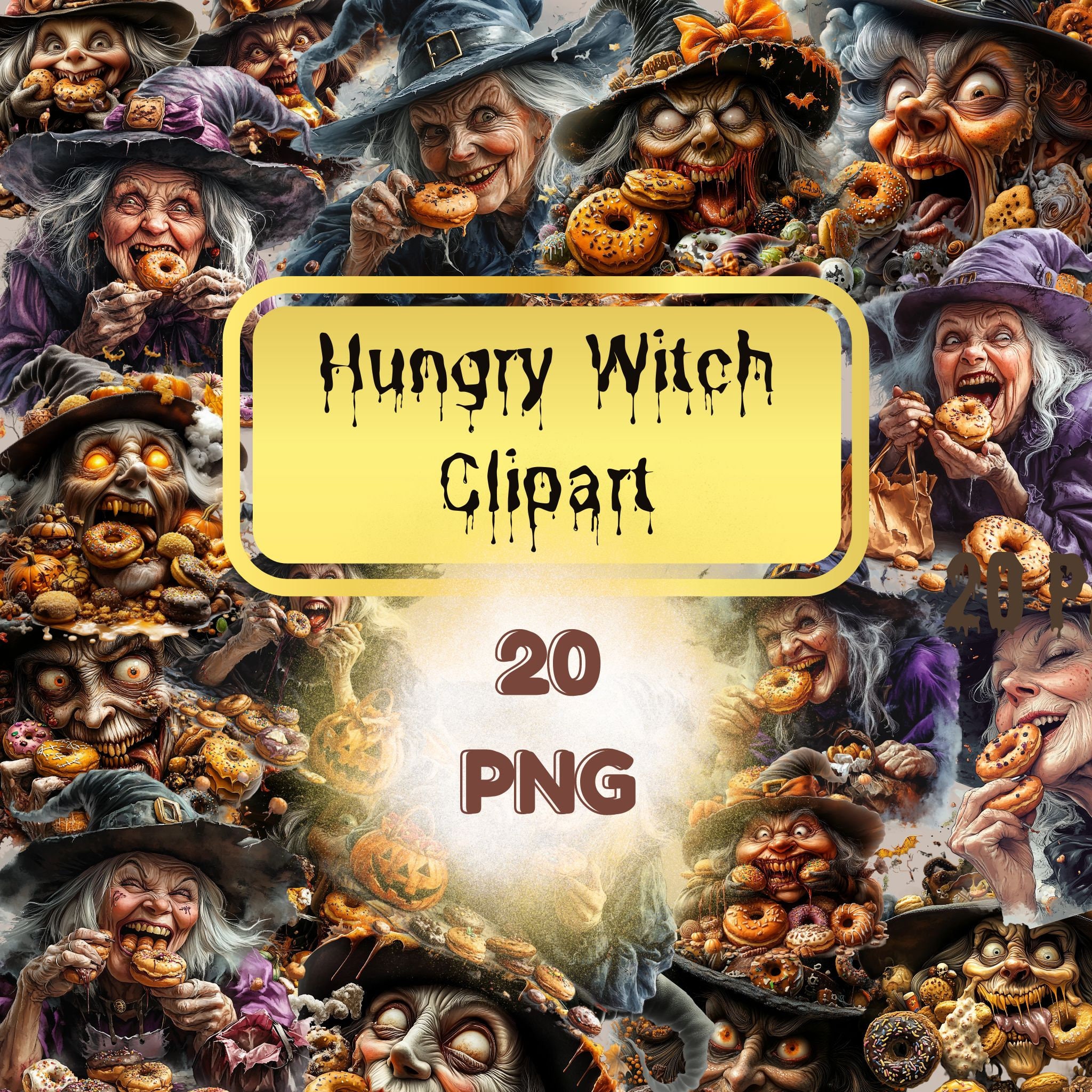 Hungry Witch Clipart Bundle 20 PNG, Eerie Scary Witch With Hat, Donuts ...