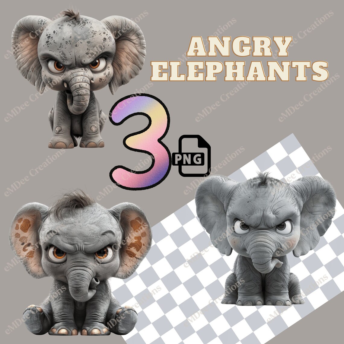 Angry Baby Elephant Clipart, 3 PNG, Grumpy Animal Graphics for DIY ...