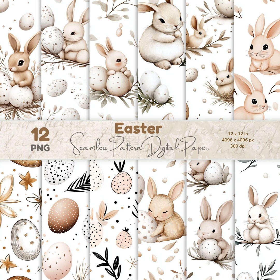 Easter Digital Paper, Spring Seamless Pattern, 12 PNG, Neutral Textile ...