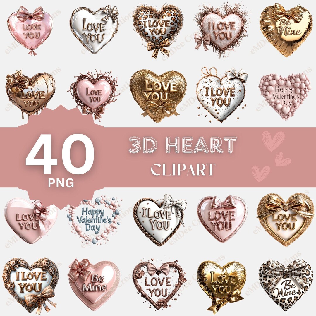3D Love Heart Clipart, 40 PNG Bundle, Pink Rose Gold White Metallic ...