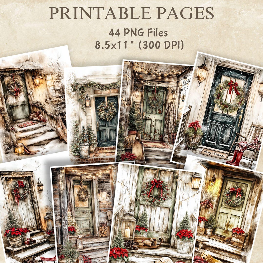 Christmas Porch Printable Pages, Rustic Scrappy Digital Paper, 44 PNG ...