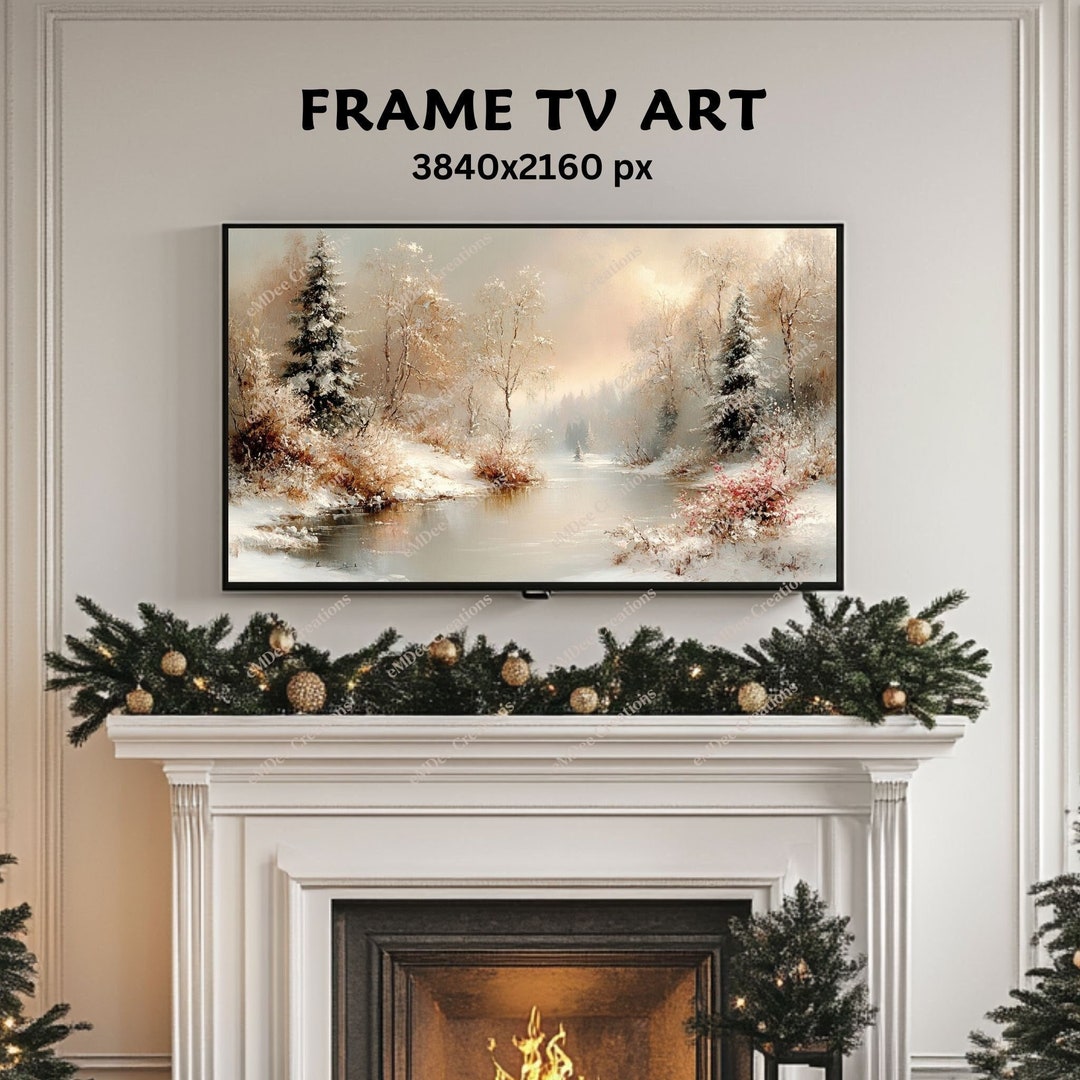 Winter Scenery Frame TV Art, Snow in Forest Frozen Lake Oil Painting 4K ...
