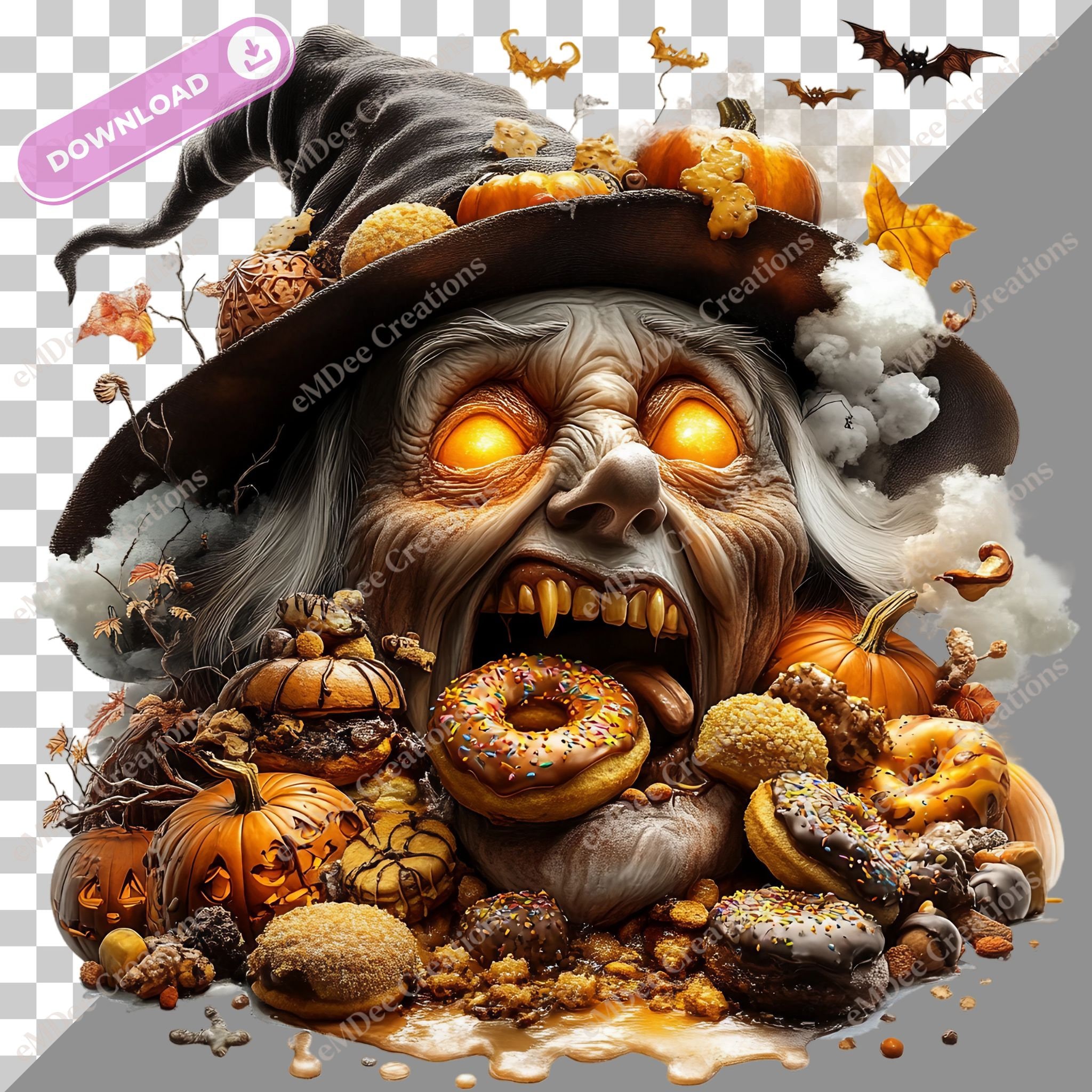 Hungry Witch Clipart Bundle 20 PNG, Eerie Scary Witch With Hat, Donuts ...