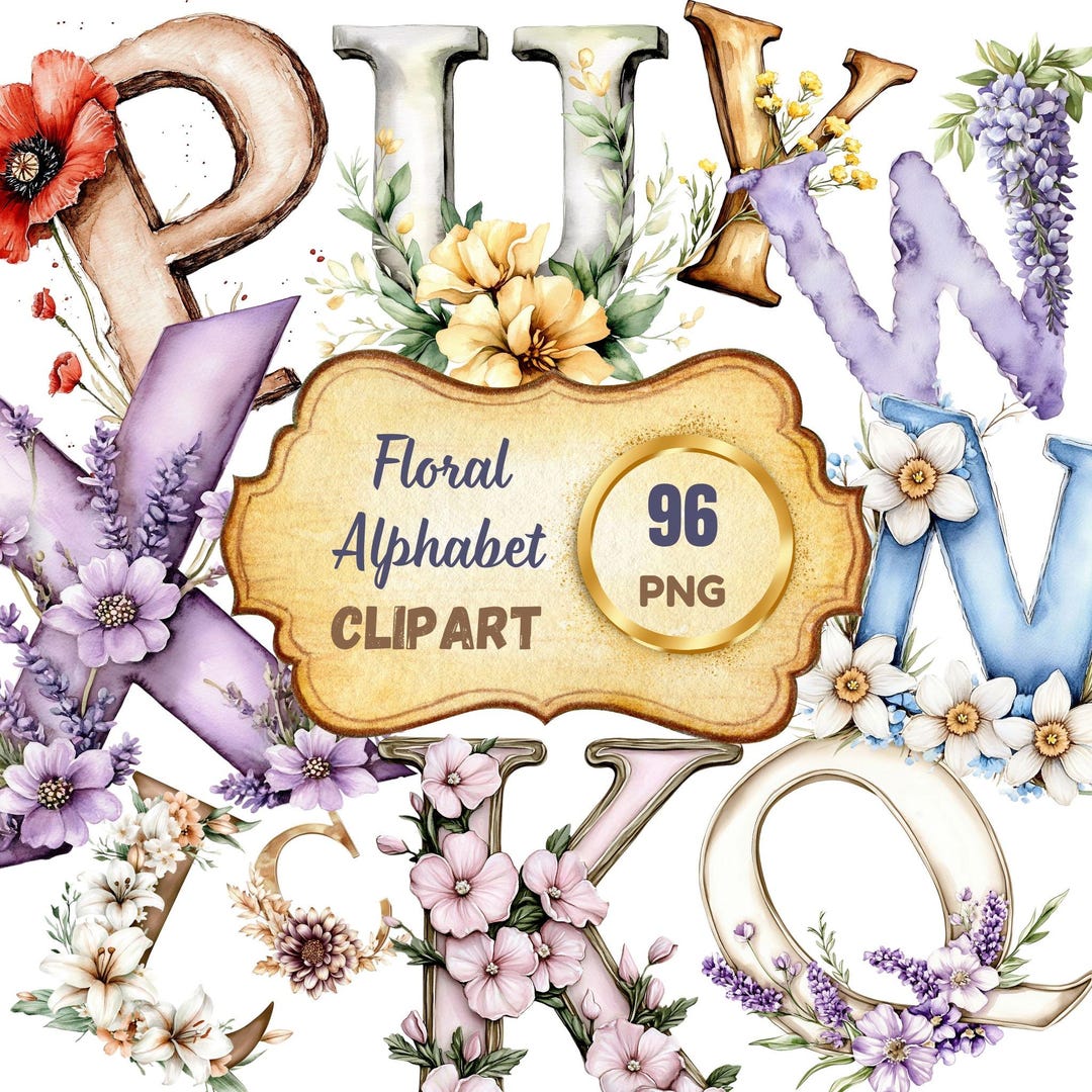 Floral Alphabet Clipart Bundle, 26 Watercolor Letters Decorated With ...