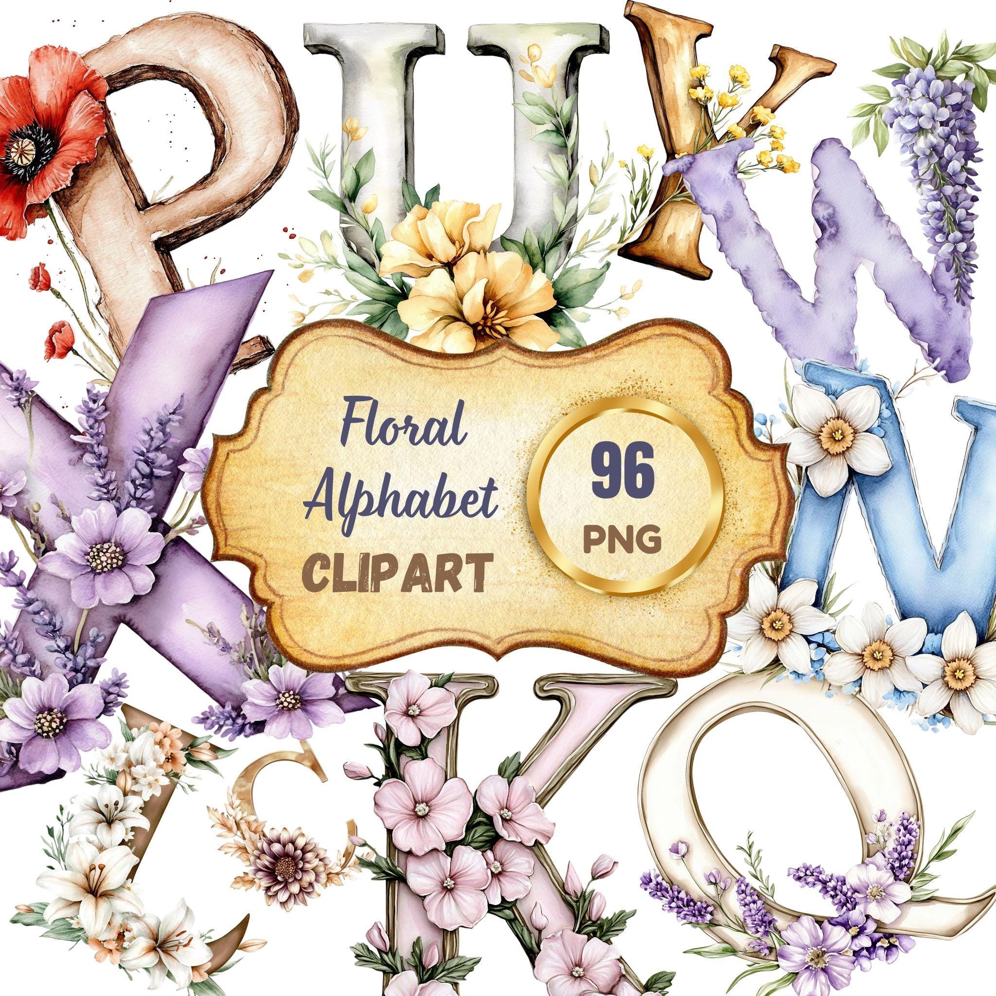 Floral Alphabet Clipart Bundle, 26 Watercolor Letters Decorated With ...