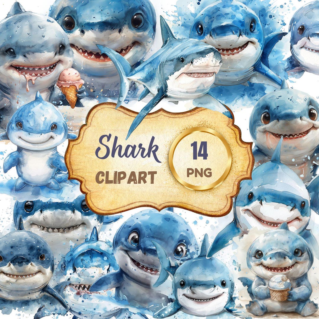 Watercolor Shark Clipart Bundle, 14 PNG, Ocean Life, Sea Animal ...