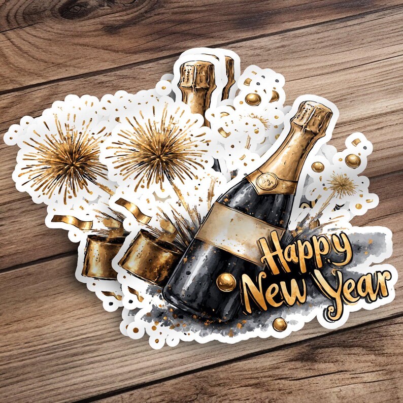 Happy New Year Champagne Watercolor Clipart, Black and Gold (4 PNG) - Etsy