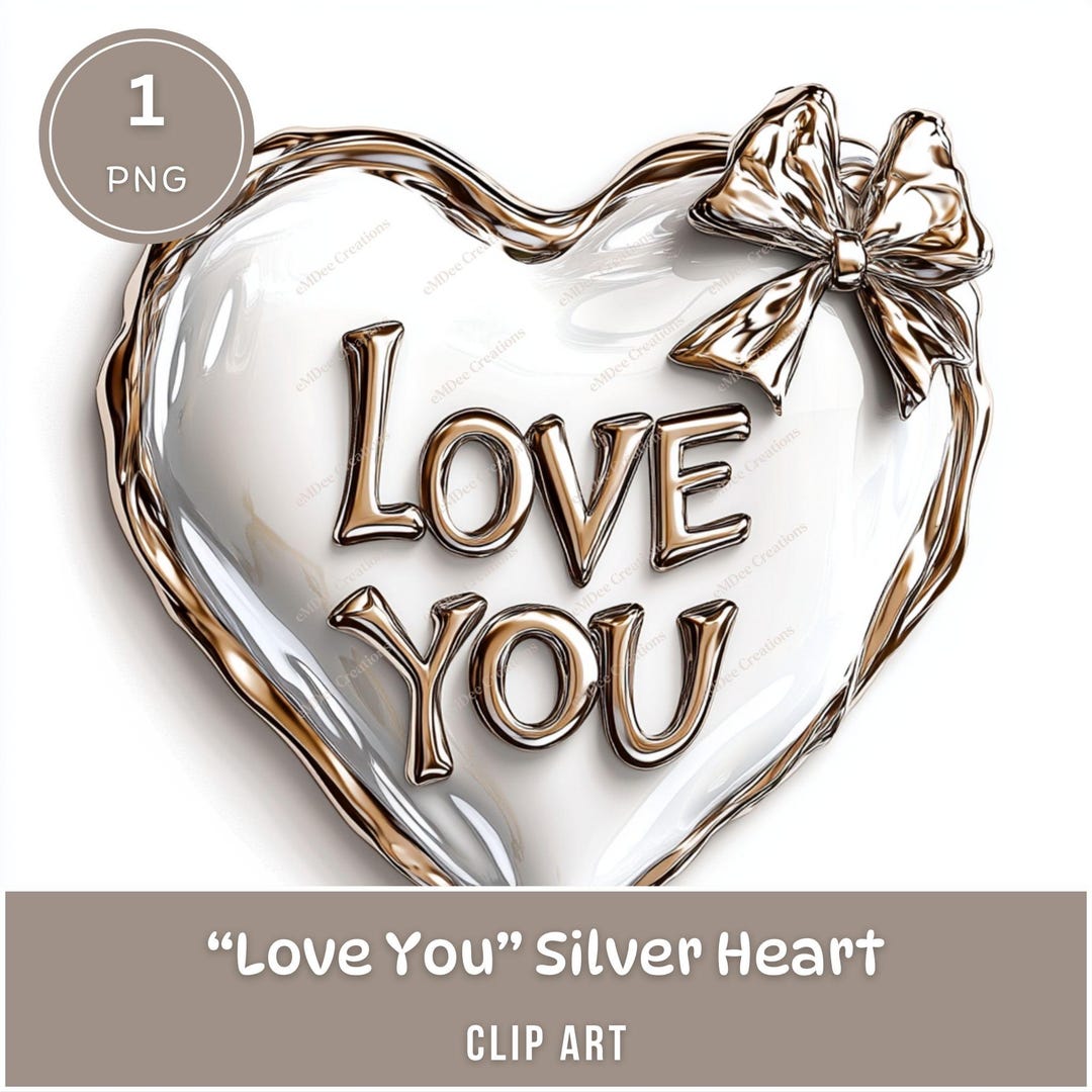 Love You Heart Clipart: Silver Metallic 3D Effect (PNG Digital Download ...