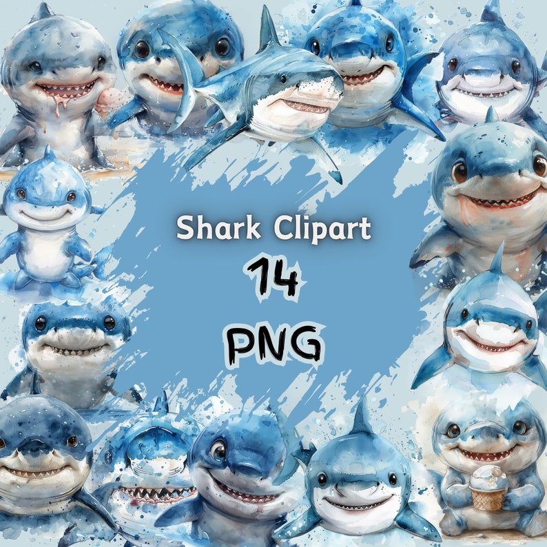 Watercolor Shark Clipart Bundle 14 PNG, Ocean Sea Animals Graphics ...