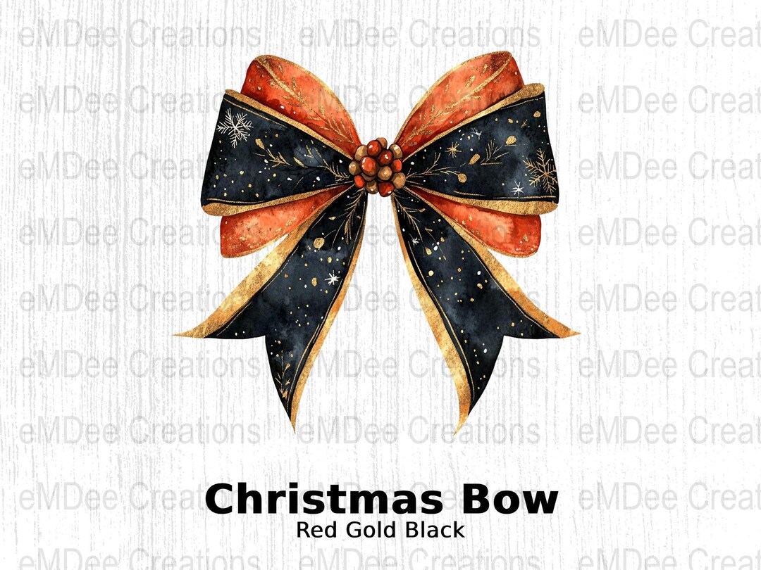 Watercolor Christmas Bow Clipart, 1 PNG, Black Red Gold, Holiday Decor ...