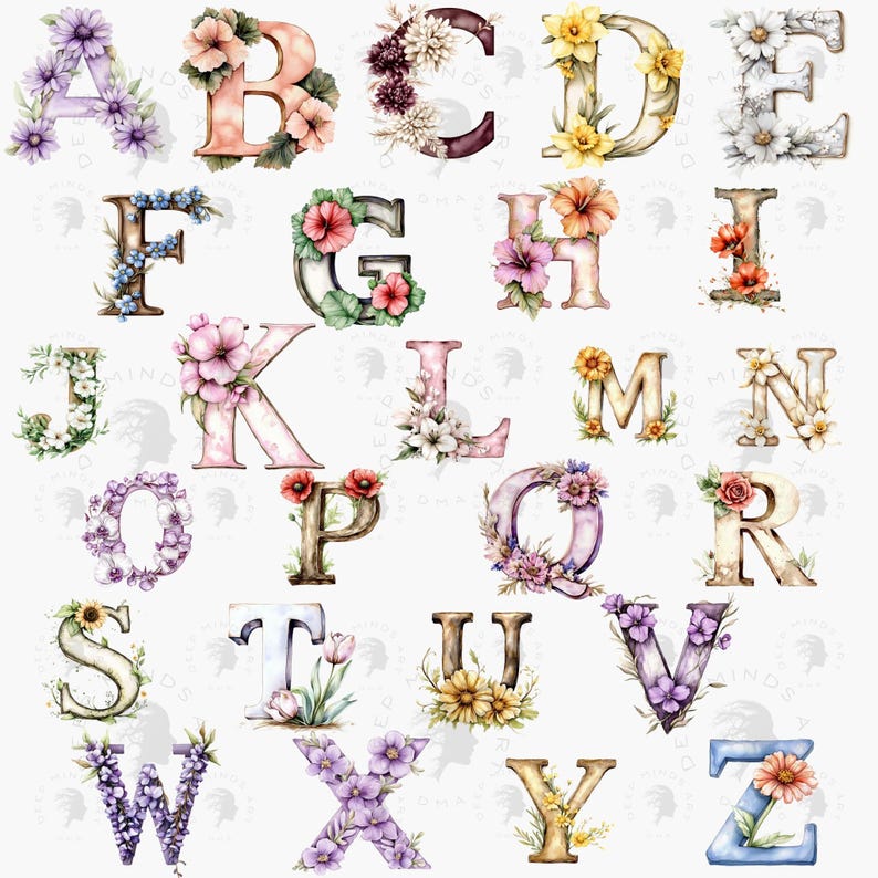 Floral Alphabet Clipart Bundle, 26 Watercolor Letters Decorated With ...