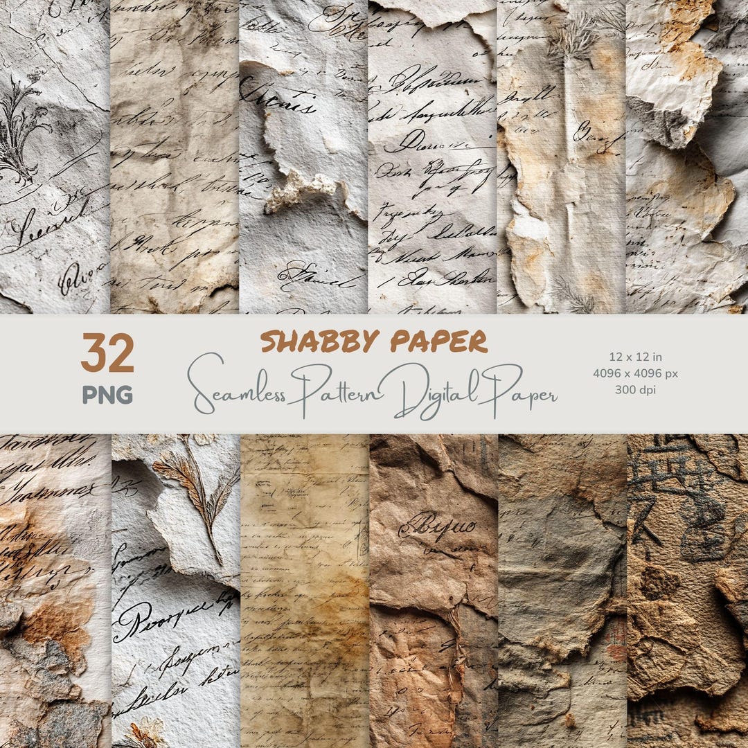 Shabby Digital Paper, Seamless Pattern, 32 PNG, Old Worn Pages, Vintage ...