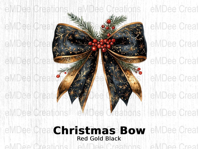 Christmas Bow Clipart Black and Gold Festive PNG Holiday Bow With Red ...