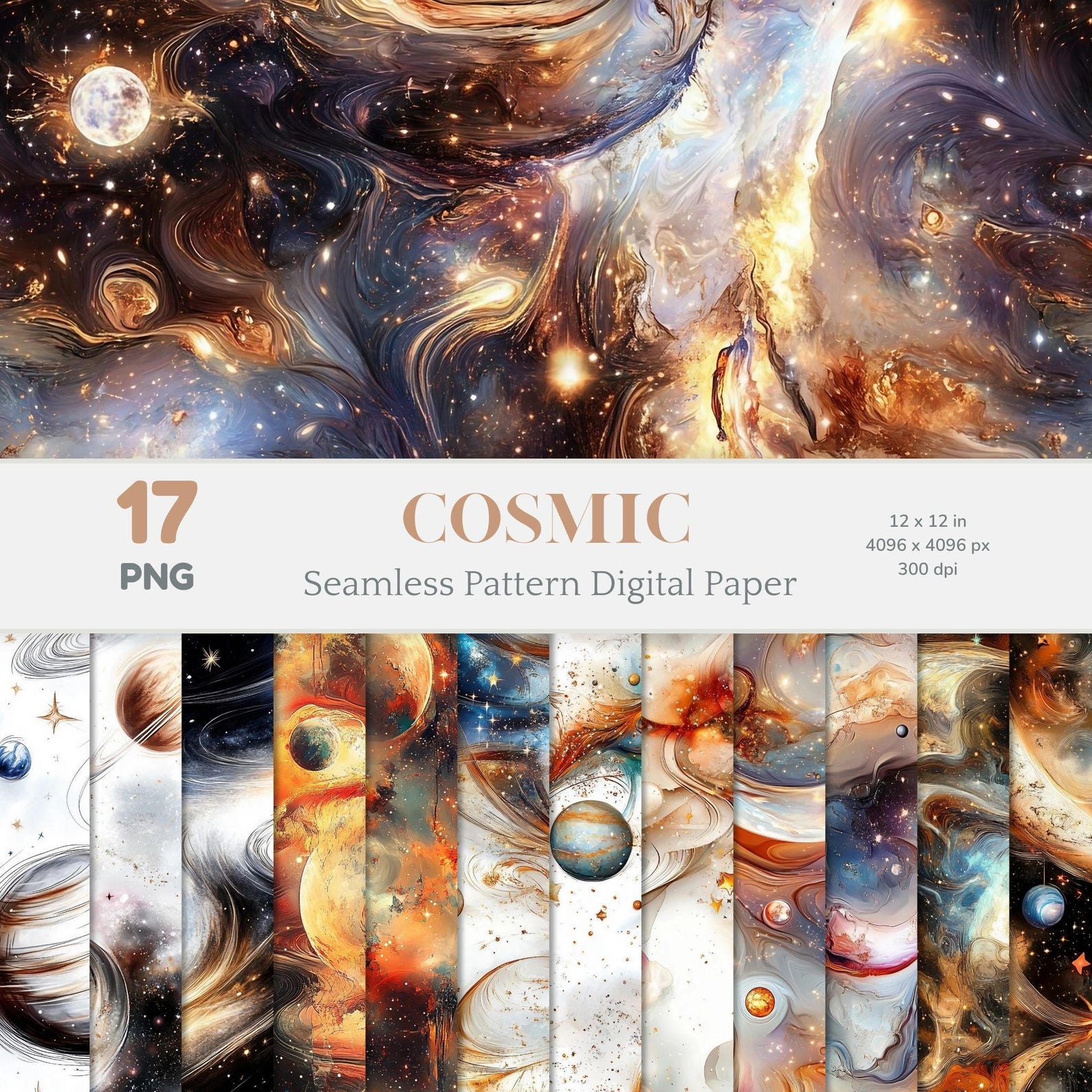 Cosmic Digital Paper Bundle, Seamless Pattern, 17 PNG, Mystic Galaxy ...