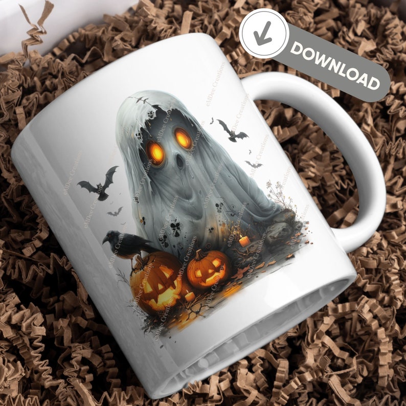 Spooky Ghost Clipart, Glowing Eyes, Pumpkin, Bats, Halloween Art PNG ...