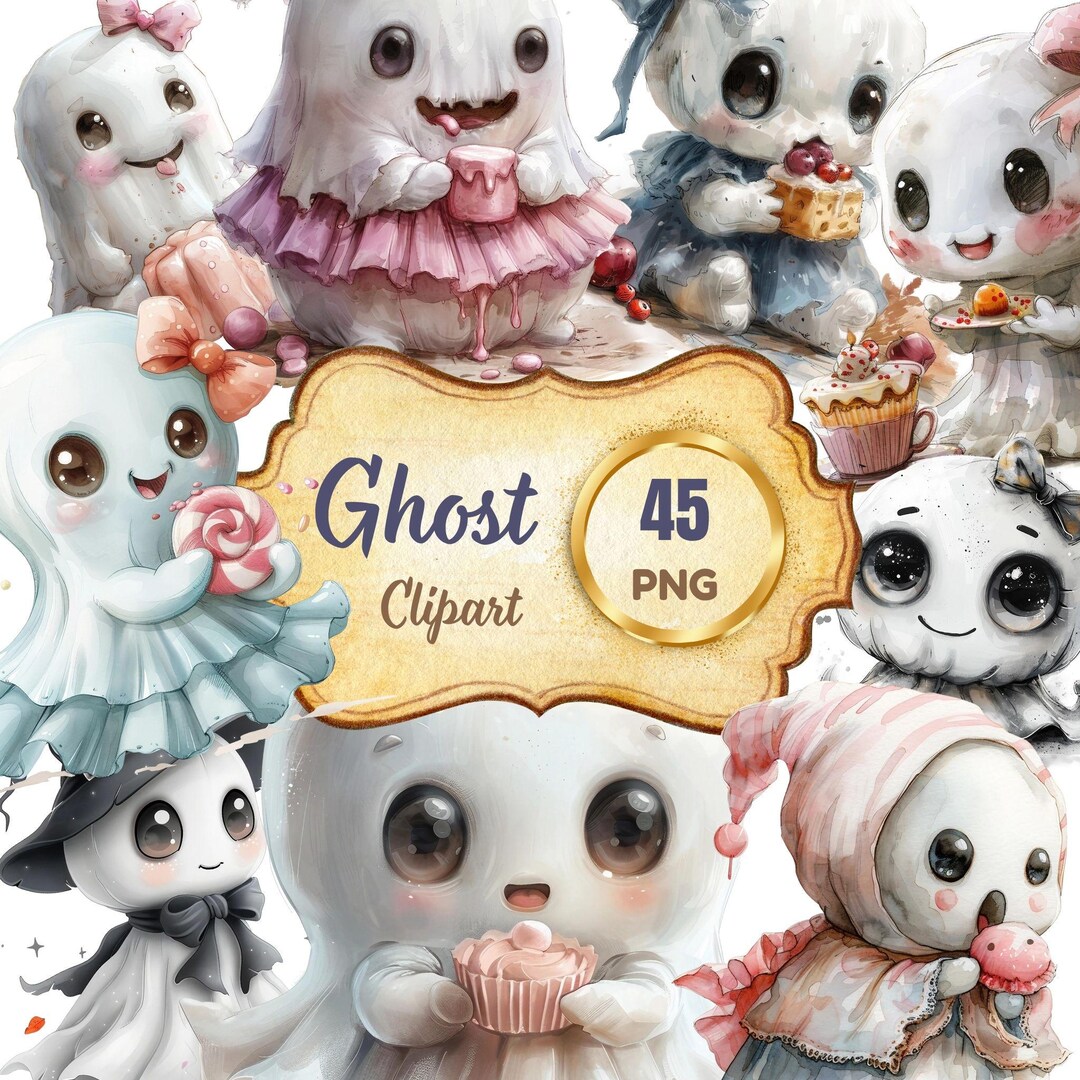 Watercolor Ghost Clipart Bundle: 45 PNG Halloween Images (digital ...