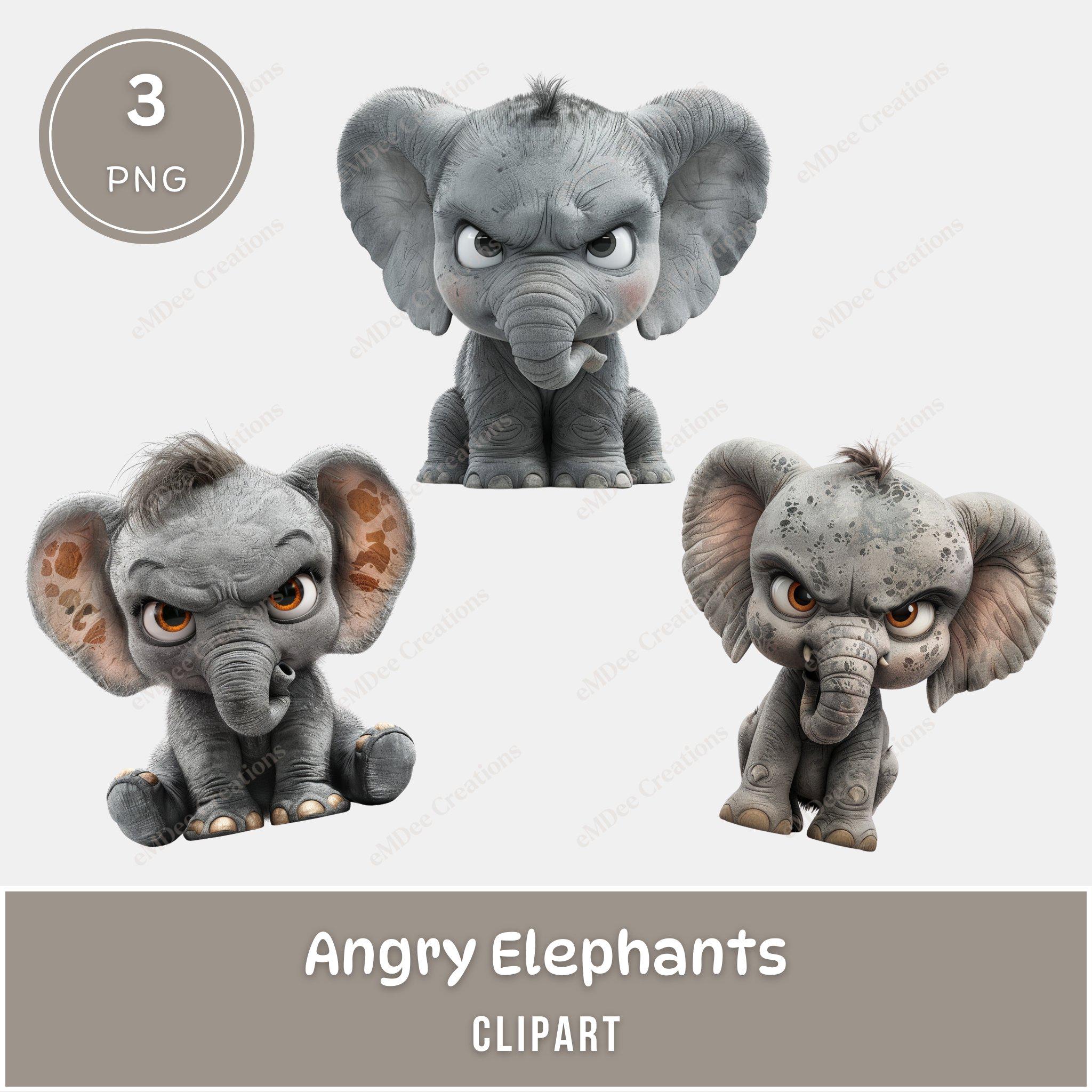 Angry Baby Elephant Clipart, 3 PNG, Grumpy Animal Graphics for DIY ...