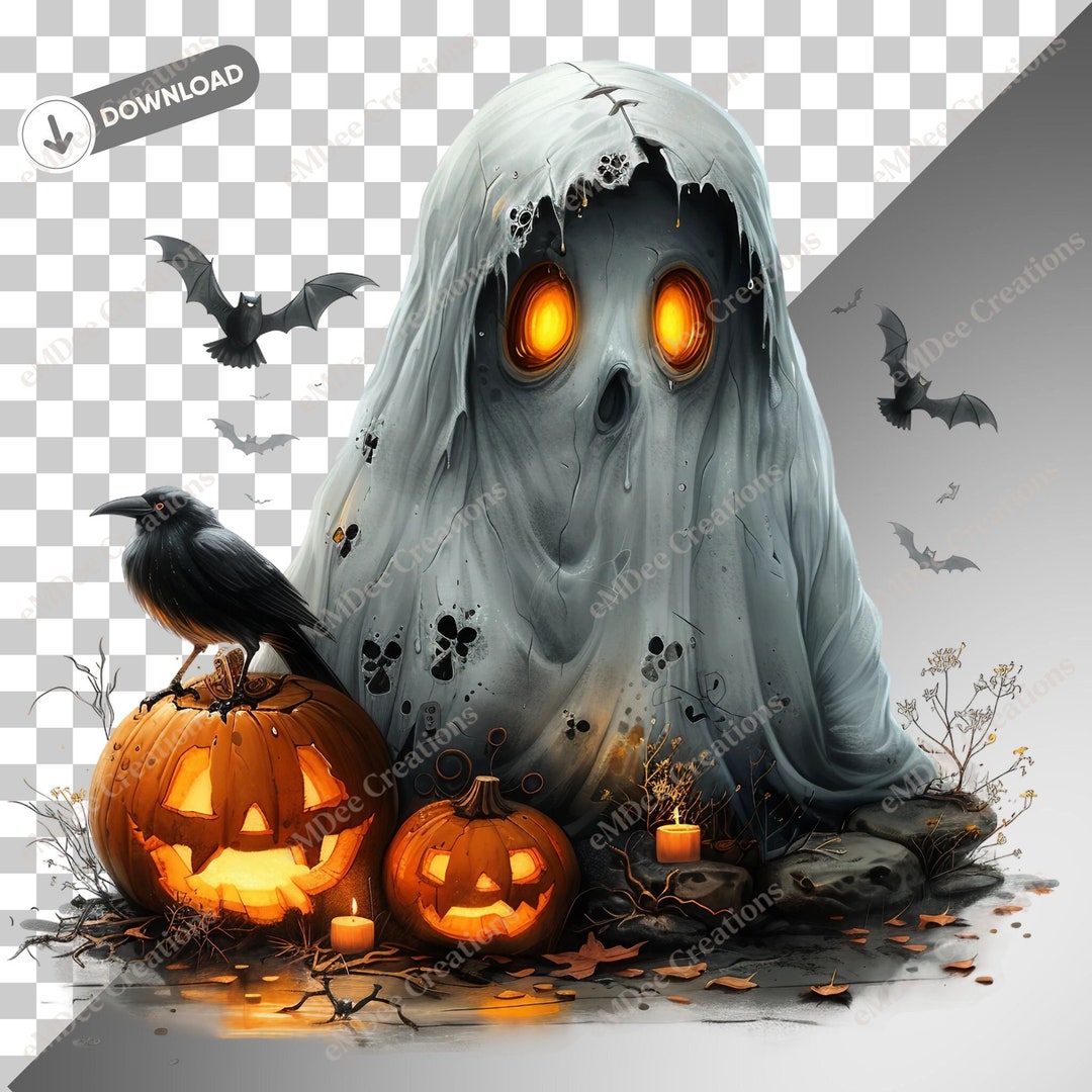 Spooky Ghost Clipart, Glowing Eyes, Pumpkin, Bats, Halloween Art PNG ...