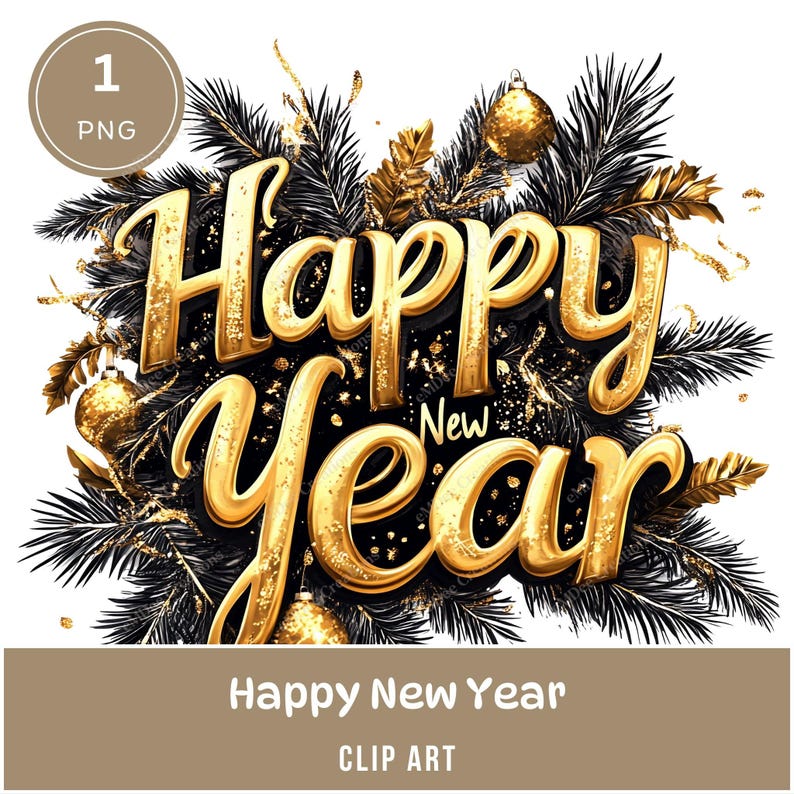 Happy New Year Clipart: Black and Gold PNG (digital Download) - Etsy