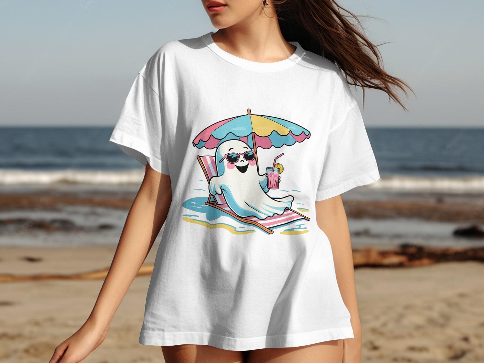 Summer Ghost Clipart, 1 PNG, Retro Pastel Beach Day, Cute Ghost With ...