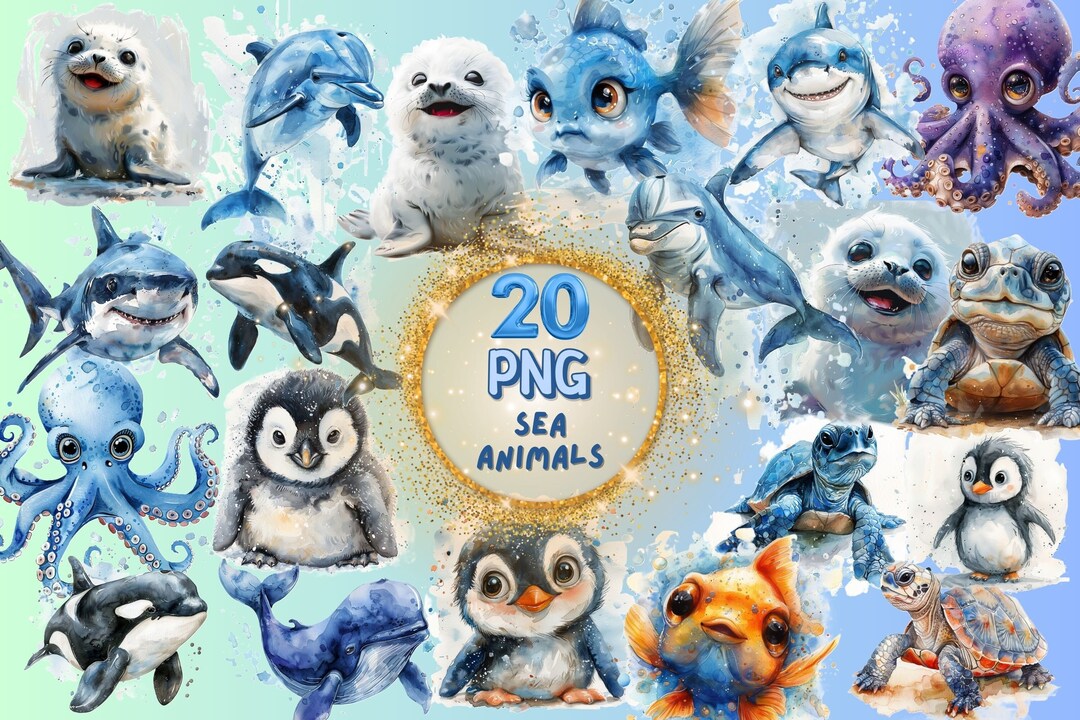 Watercolor Sea Animals Clipart, Dolphin, Penguin, Shark, Seal, Octopus ...