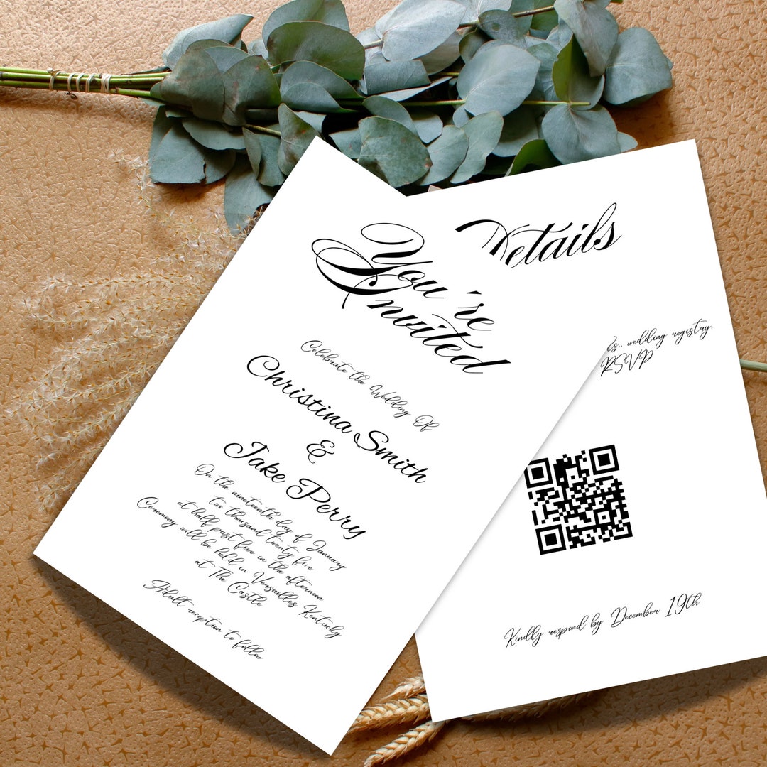 Elegant Wedding Invitation With QR Code, Script Wedding Invite Template ...
