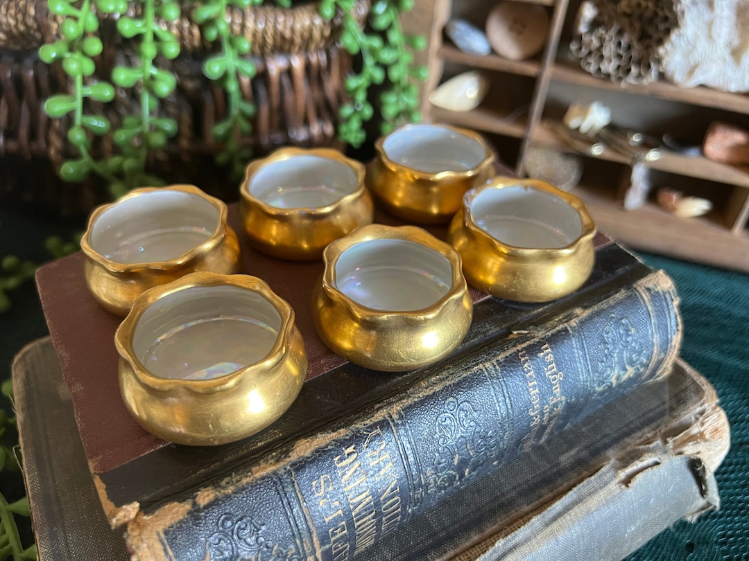 Set of 6 Antique Vintage Golden Ceramic Salt Cellars/ OEPIAG CECHO-SLOV ...