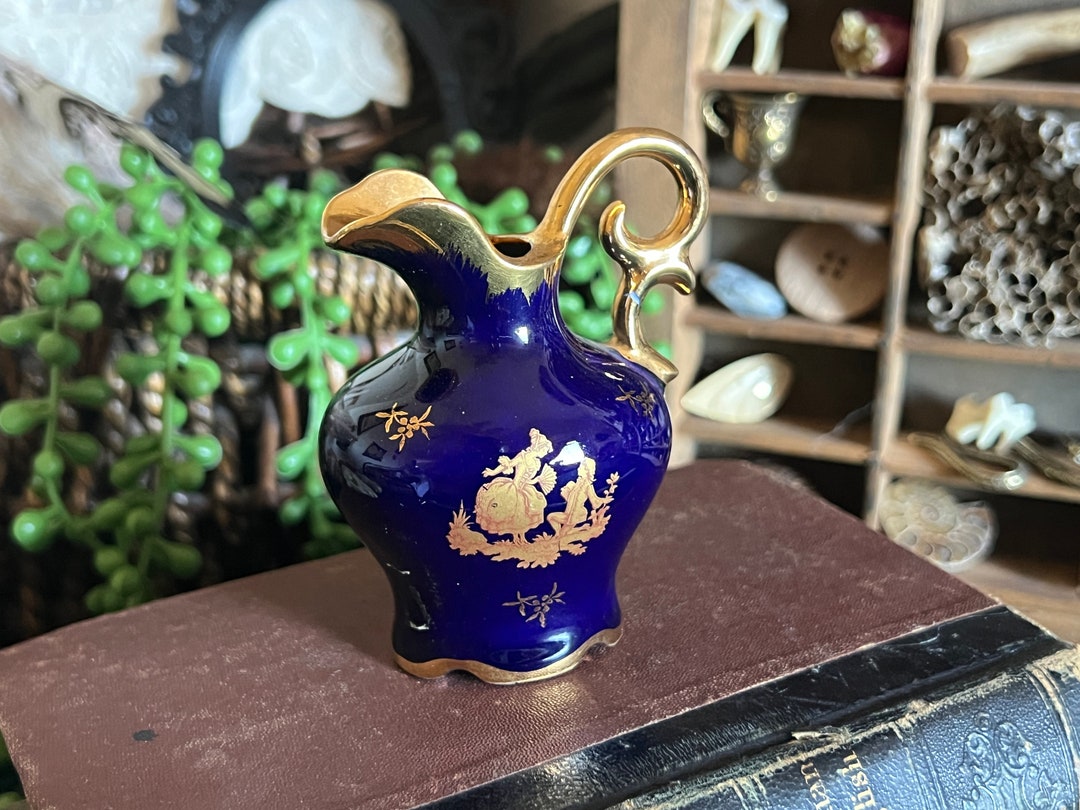 22k Gold Limoges Porcelain Vase / Cobalt Blue Miniature Pitcher / Made ...