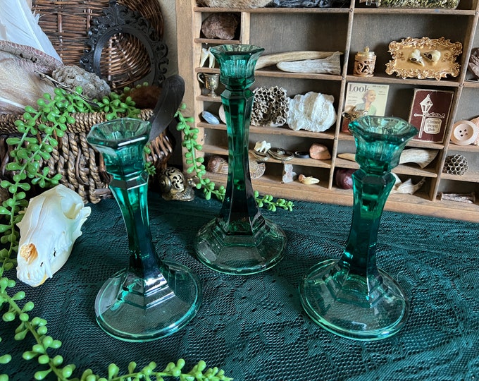 Vintage Green Candlesticks - Set of 3 / 7.5", 6" - Etsy