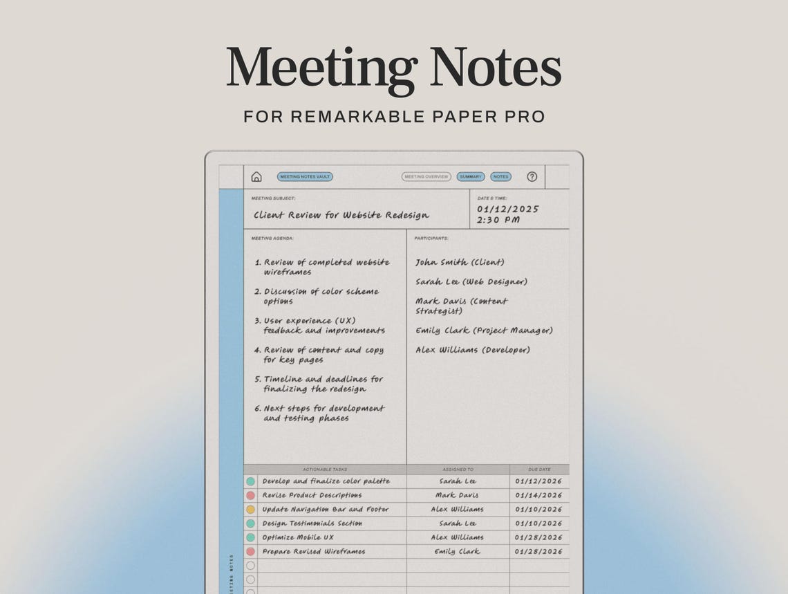 Meeting Notes for Remarkable Paper Pro | Hyperlinked Meeting Minutes ...